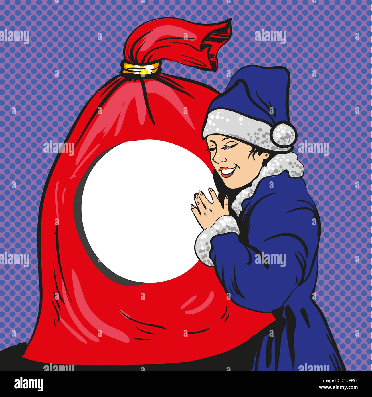 Santa pin up girl in blue dress holding bag with gifts. Vector ...