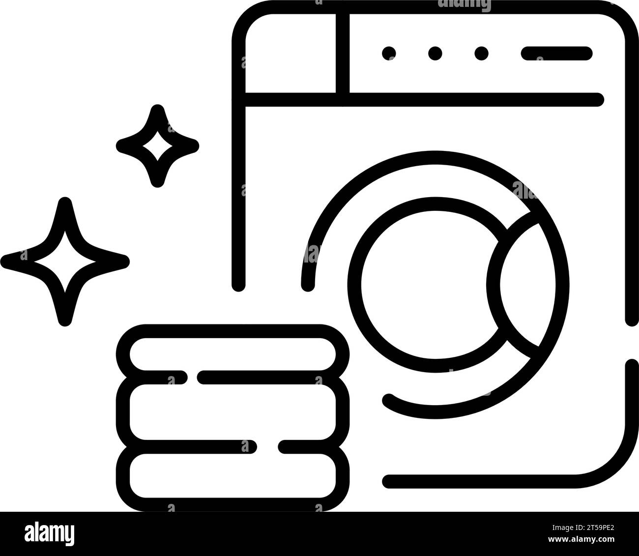 Laundry service. Washing machine, folded clean clothes and sparkles ...