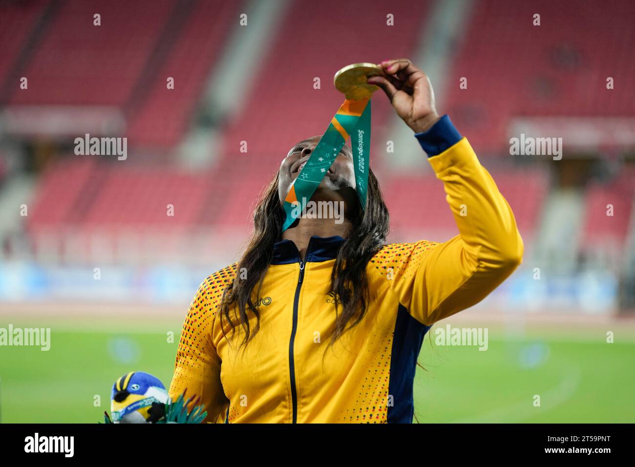 Colombia's Flor Ruiz poses with her gold medal on the podium during a ...