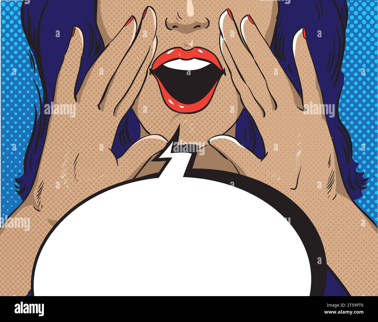 Woman with speech bubble in retro pop art style. Girl screaming template comic vector ...