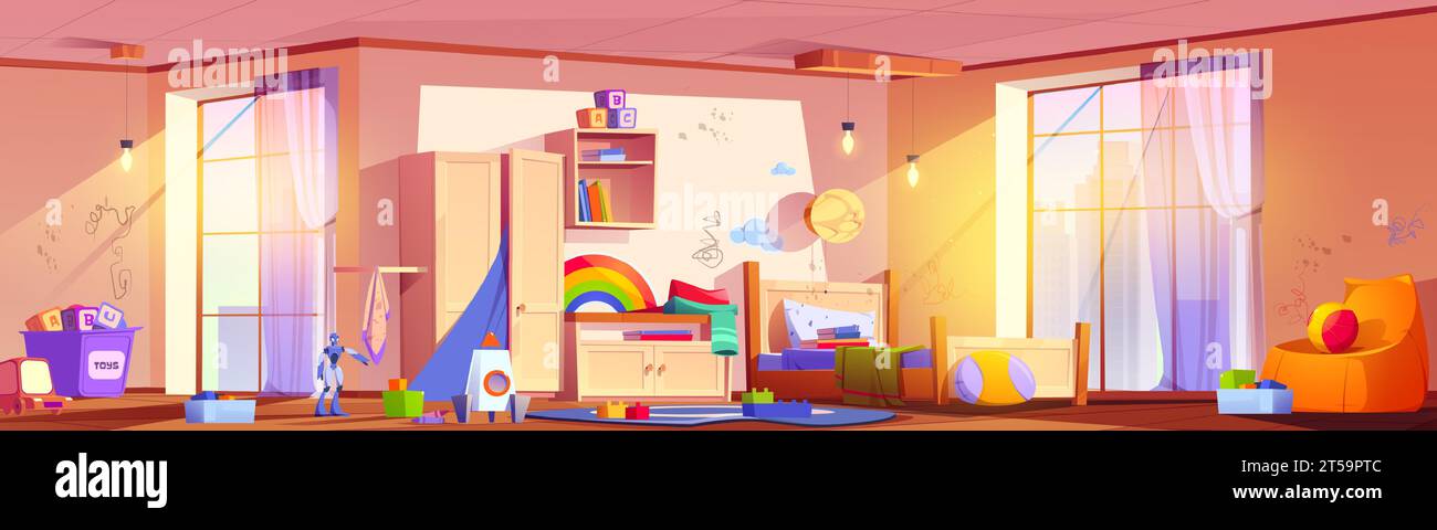 Messy untidy room of child boy. Cartoon vector illustration of ...