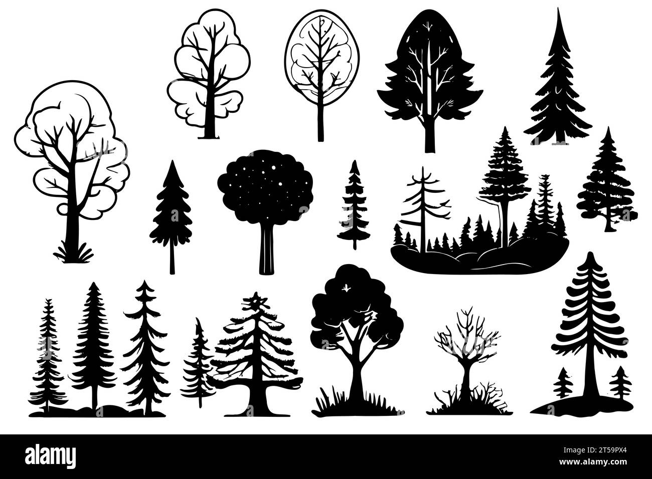 collection trees. Ink sketches set isolated on white background. Hand ...