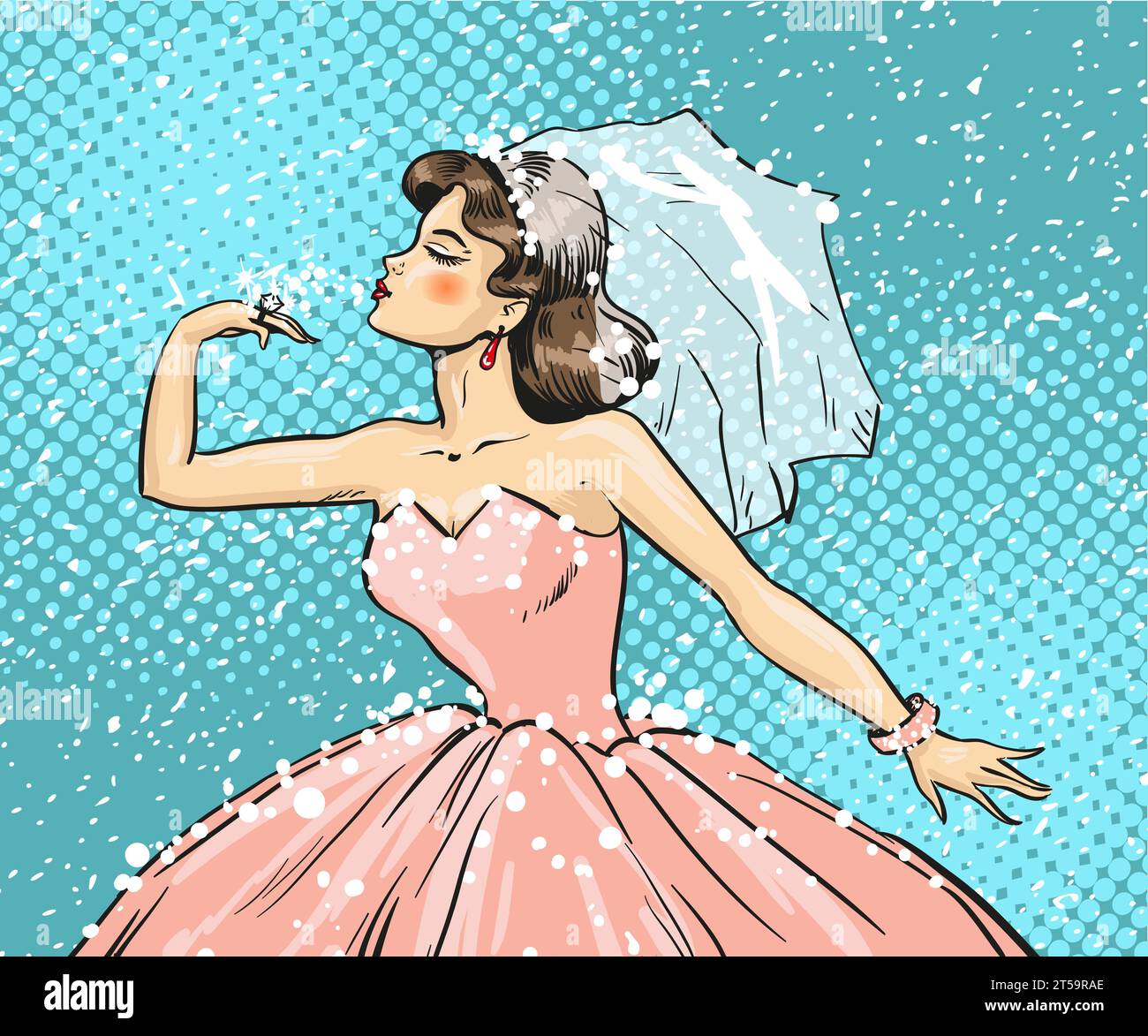 Vector illustration of bride looking at wedding ring on her finger ...