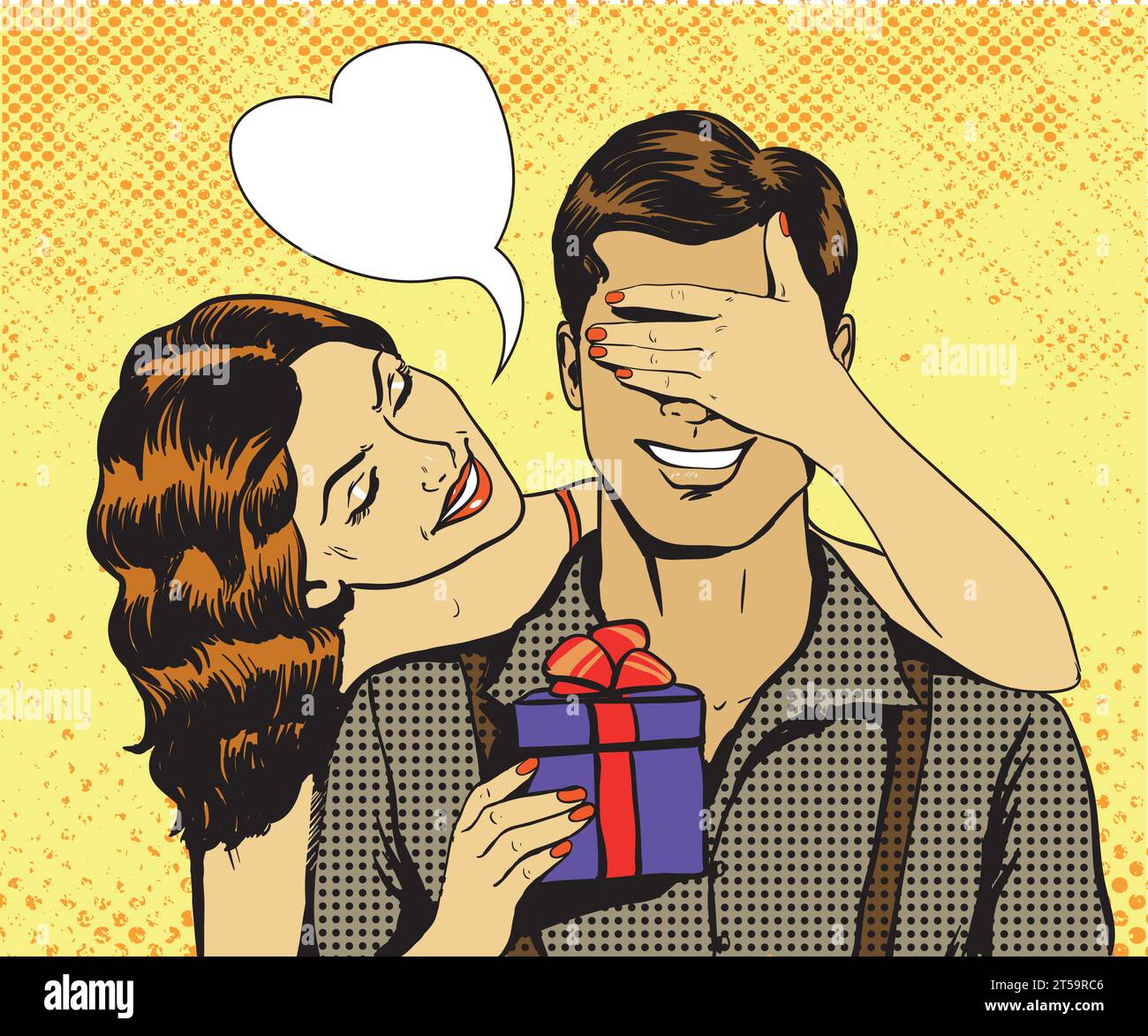 Woman present gift to man. Heart shape speech bubble. Vector ...