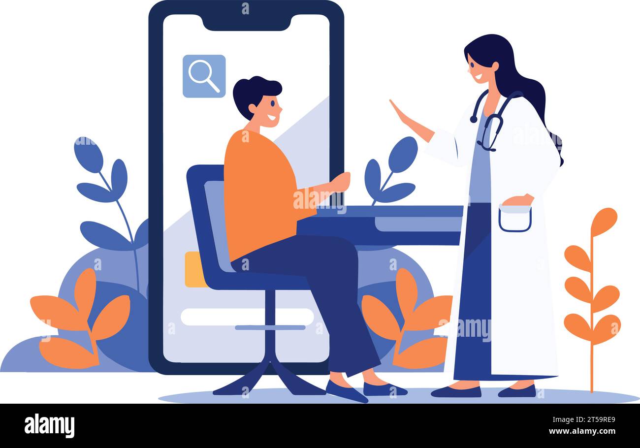 Hand Drawn Doctor and patient characters with smartphone in online ...