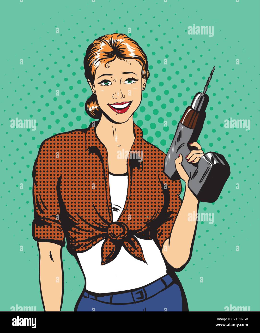 Woman with drill vector illustration in retro comic pop art style. Girl ...