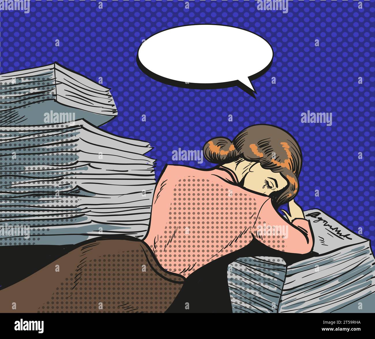 Vector vintage pop art illustration of tired businesswoman. Young woman ...