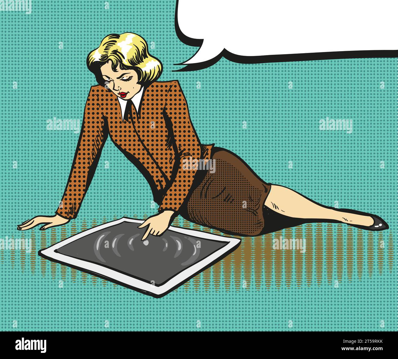 Vector illustration of businesswoman making use of tablet, speech ...