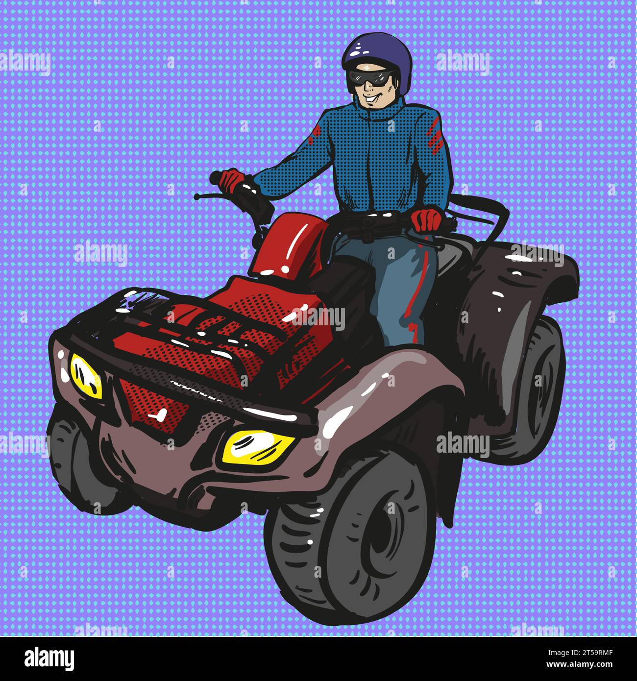 Vector illustration of young man riding quad bike. Biker and all ...