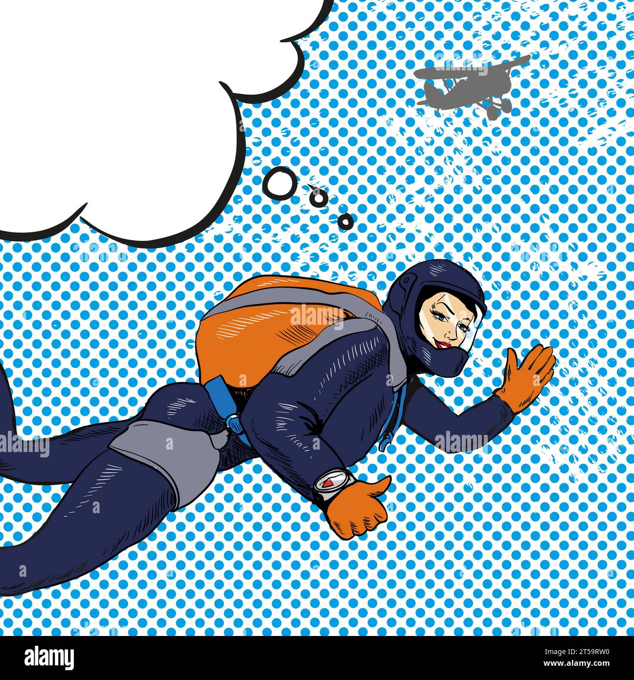 Vector illustration of skydiving woman in retro pop art comic style ...