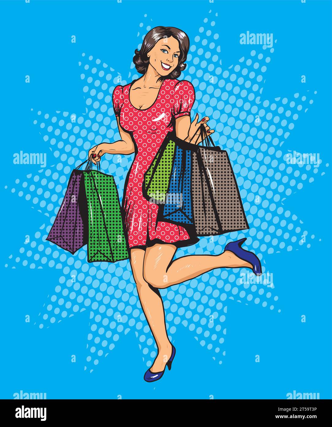 Woman with bags shopping. Vector illustration in comics pop art style ...