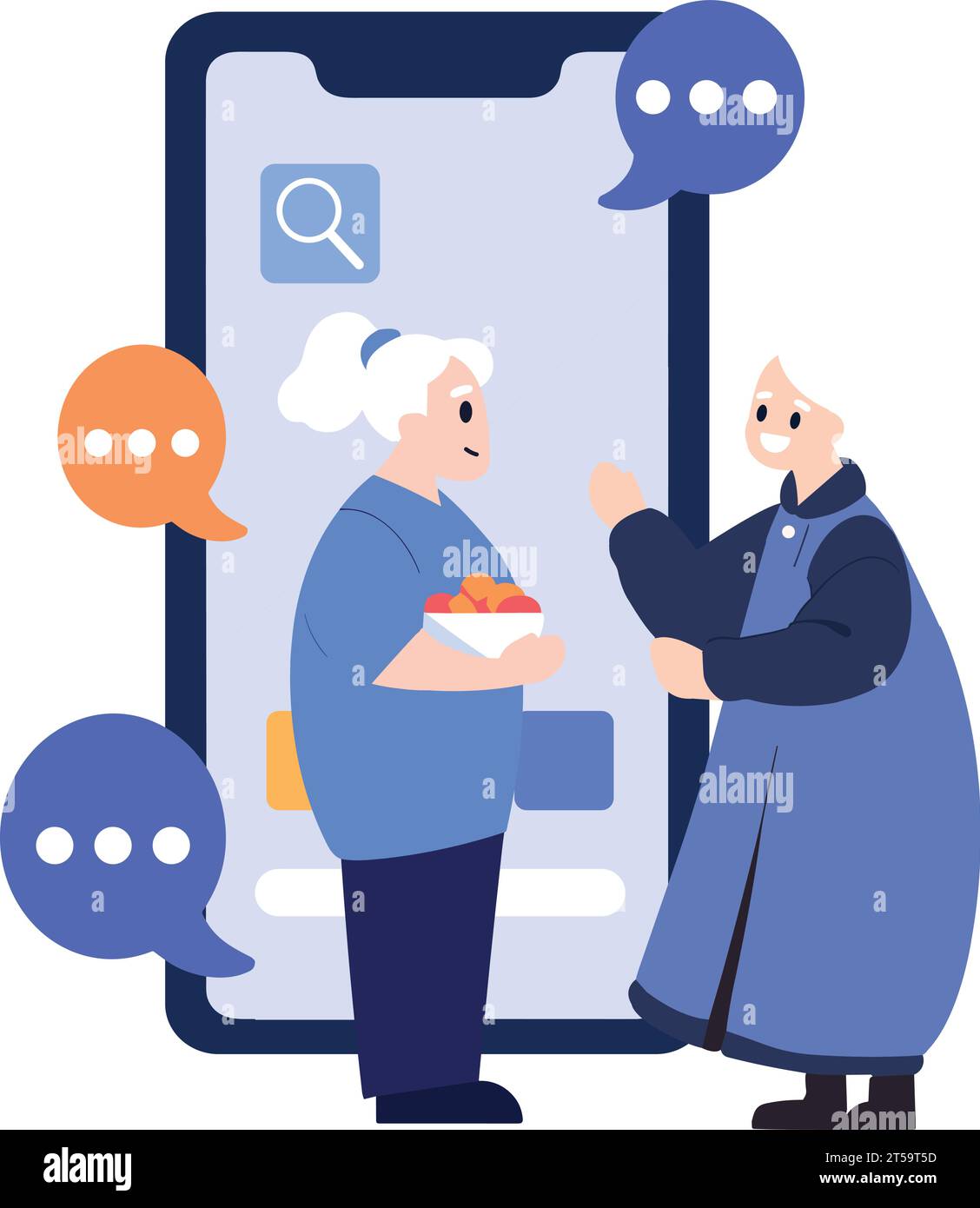 Hand Drawn Elderly characters talk through smartphones in flat style ...