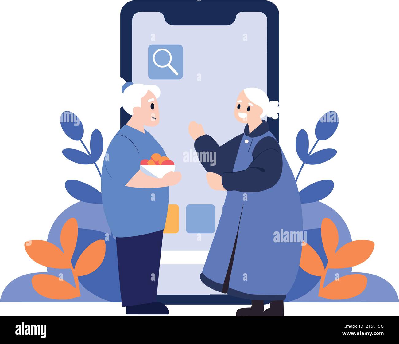 Hand Drawn Elderly characters talk through smartphones in flat style ...