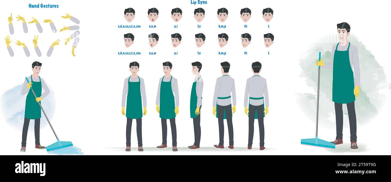 A cleaner, cleaning service model sheet, creation set. receptionist ...