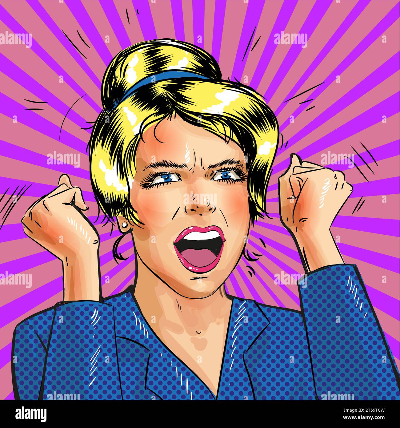 Vector illustration of excited young woman with hands up and clenched ...