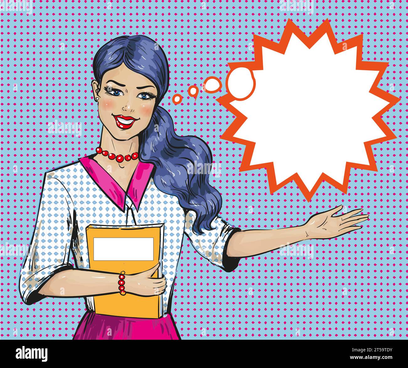Vector illustration of beautiful woman showing or advertising something ...