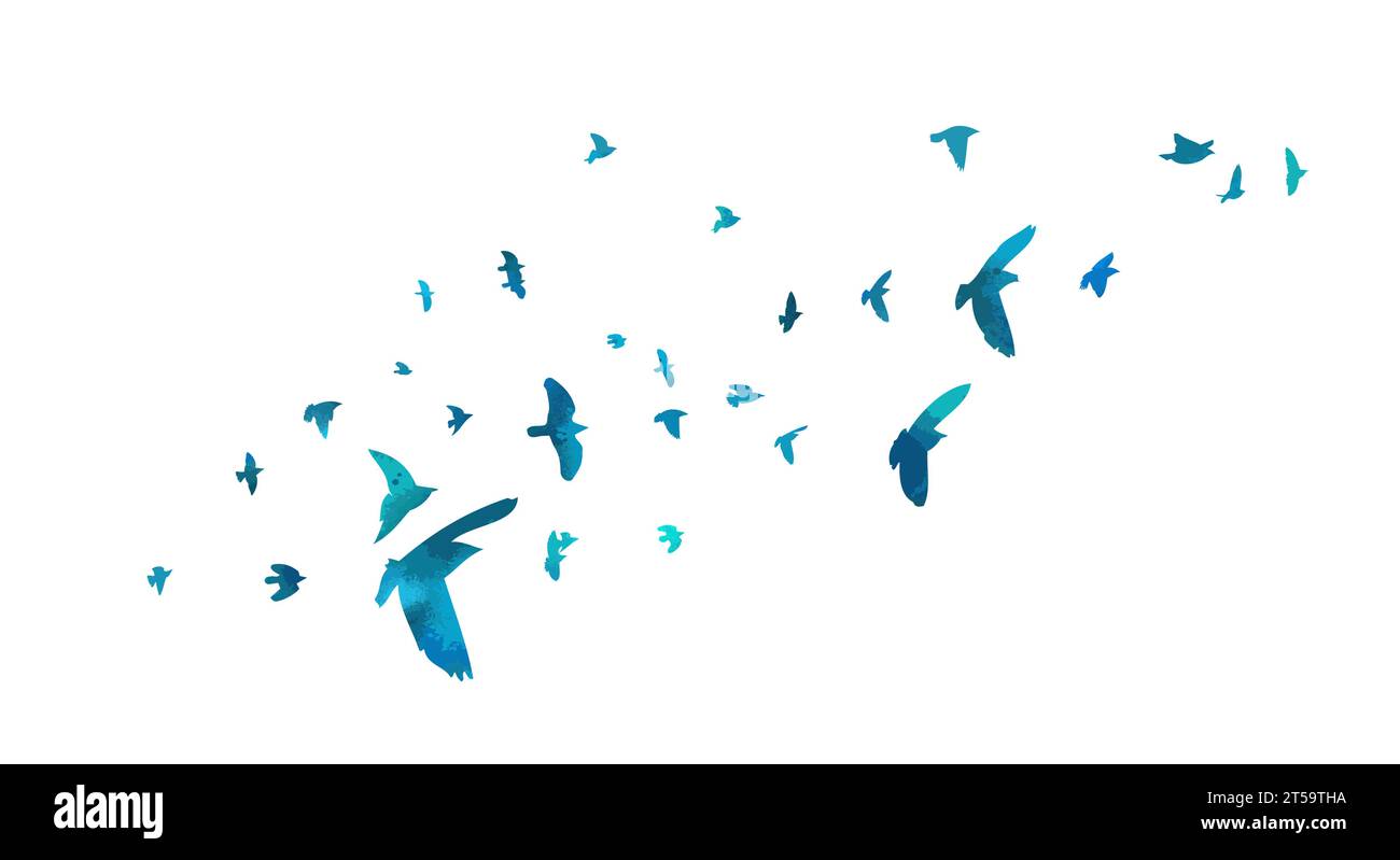 A flock of blue watercolor flying birds. Free birds abstraction. hand ...