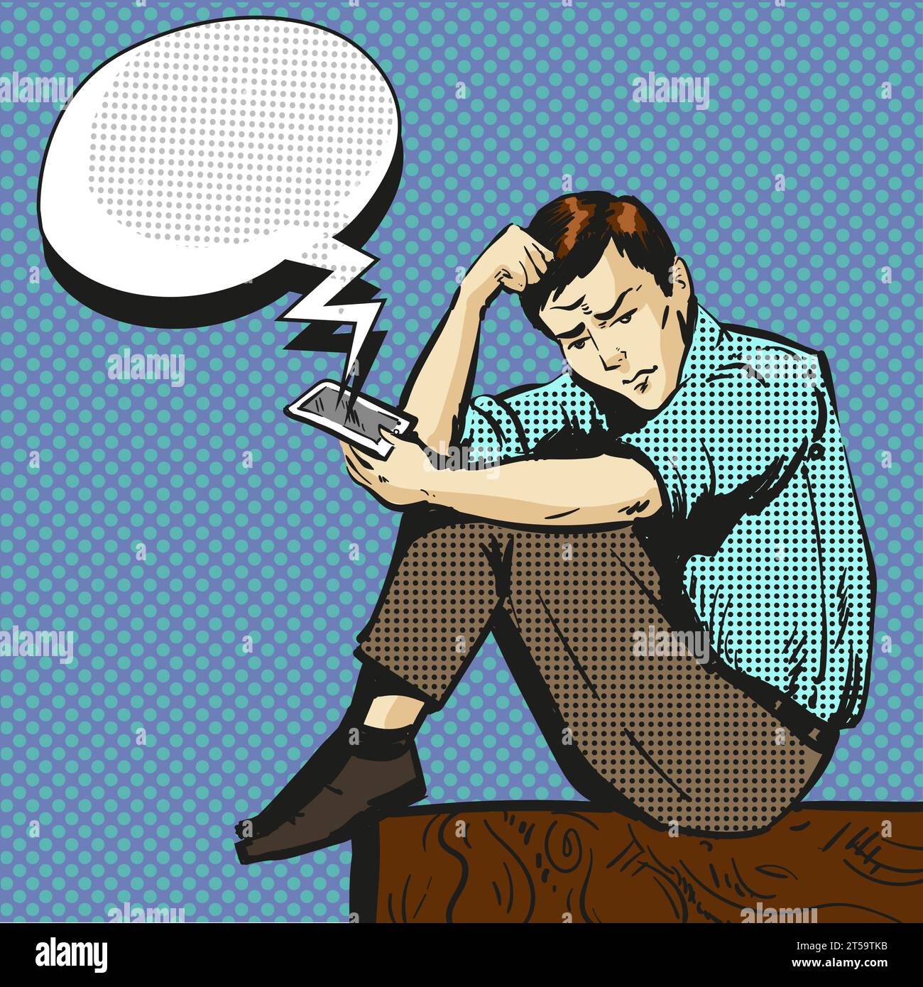 Vector illustration of sad man talking on the phone, speech bubble ...