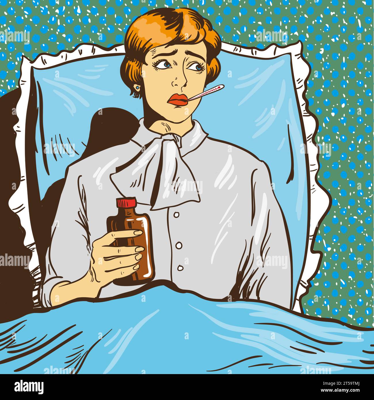 Sick woman with fever lie down on a bed in hospital room. Girl with ...