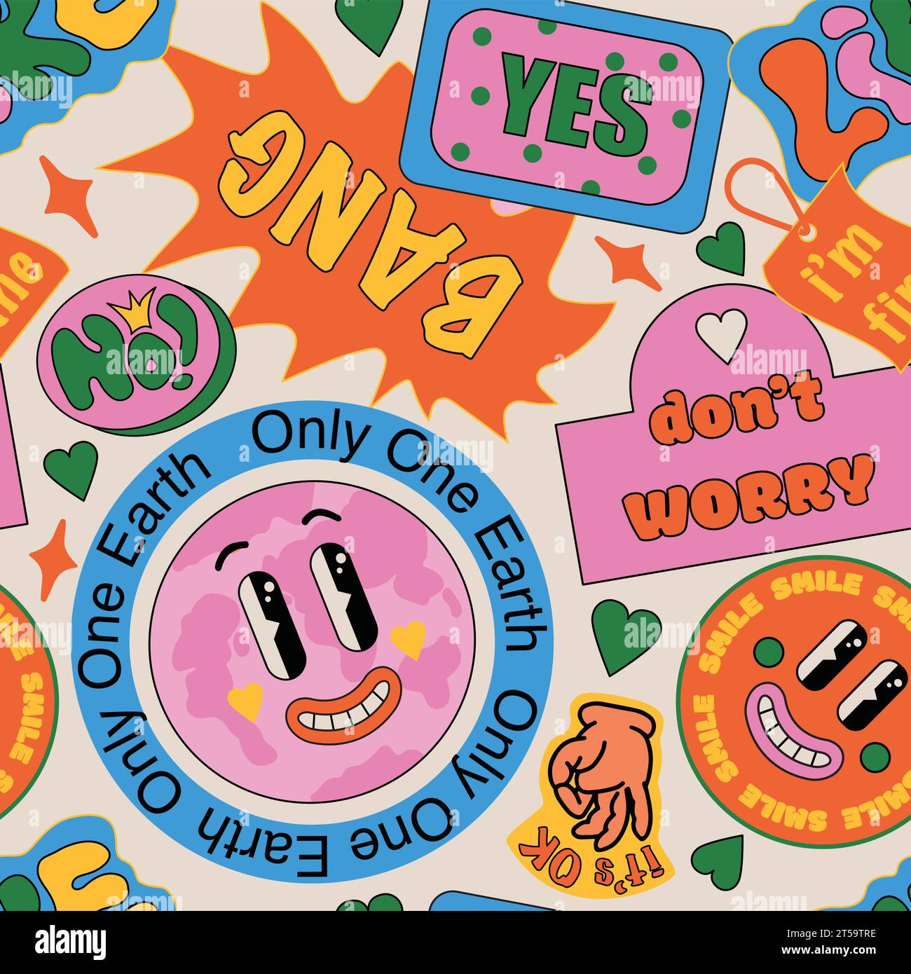 90 Cool Sticker Collage Seamless Pattern. Funny Print with Retro Millennium Style Colour Patches ...