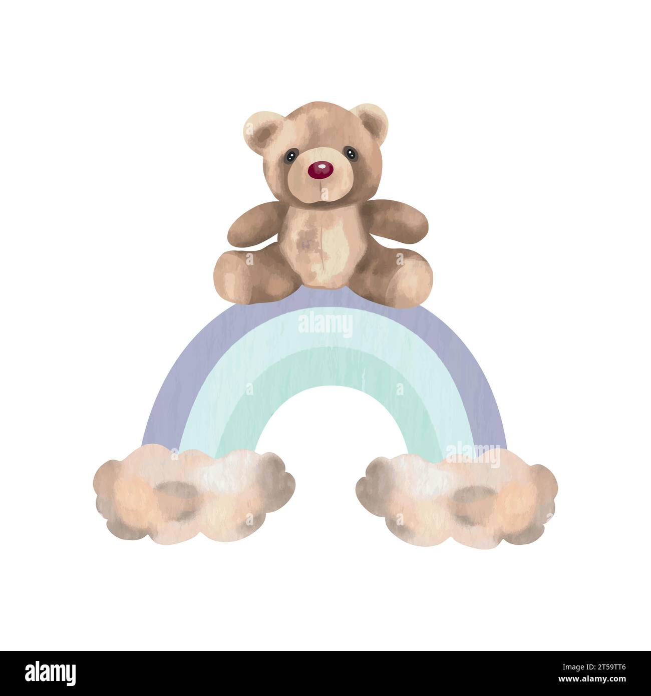 Teddy bear toy on a rainbow with clouds. Vector illustration ...