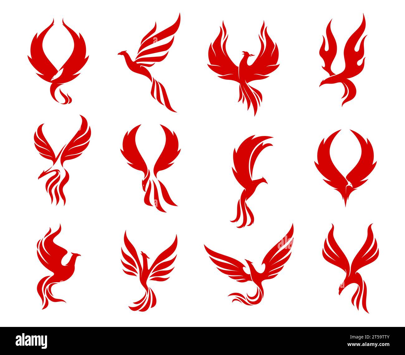 Red phoenix bird icons, firebird flying on fire flame wings, vector ...