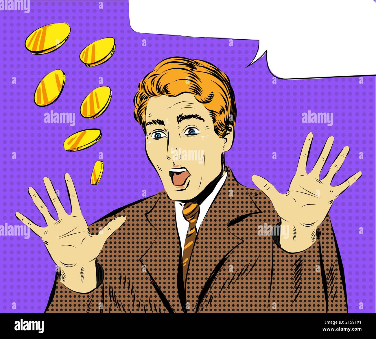 Vector illustration of amazed businessman with arms raised, speech ...