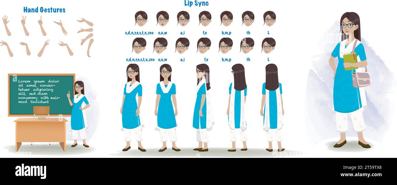 A female teacher, professor model sheet. Teacher creation set. Teacher turnaround sheet, hand ...