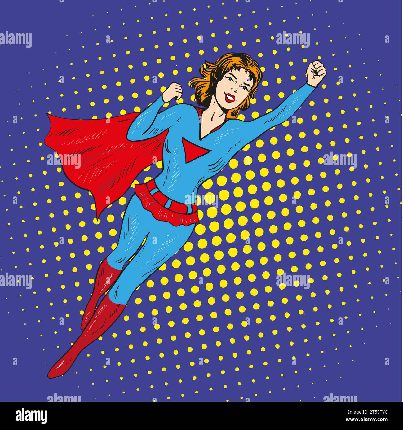 Super hero woman flying vector poster in comic retro pop art style ...