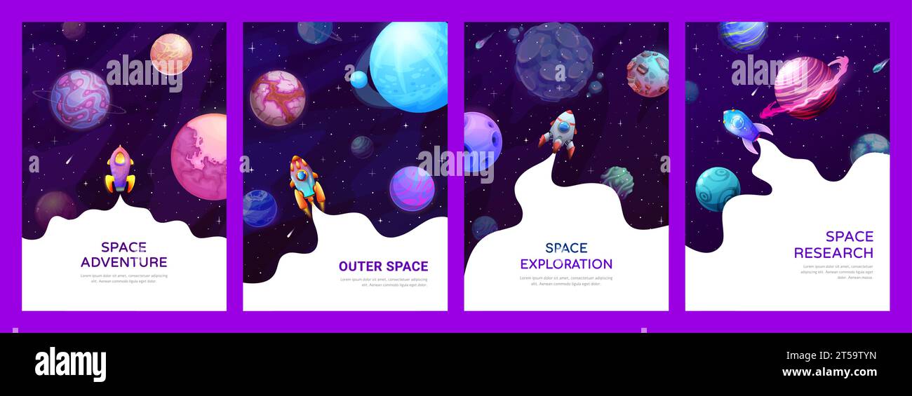 Space posters and flyers. Galaxy landscape, rocket spaceship launch and ...