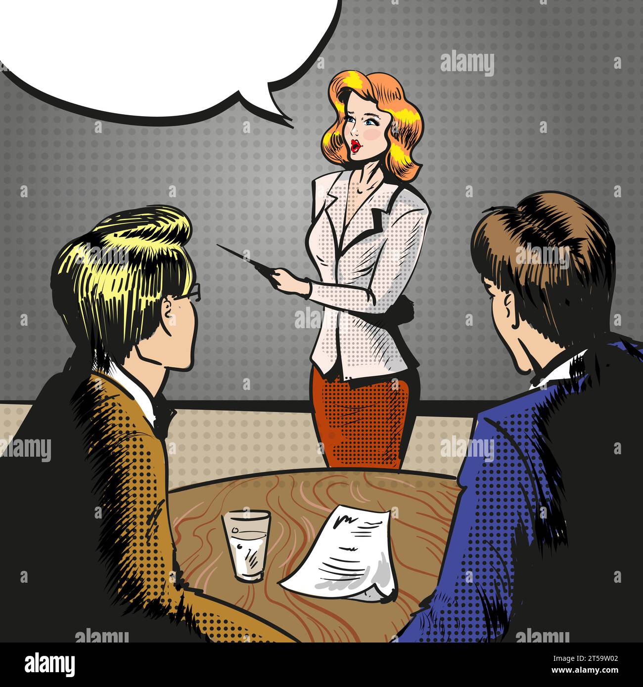 Vector illustration of young woman with pointer giving presentation ...