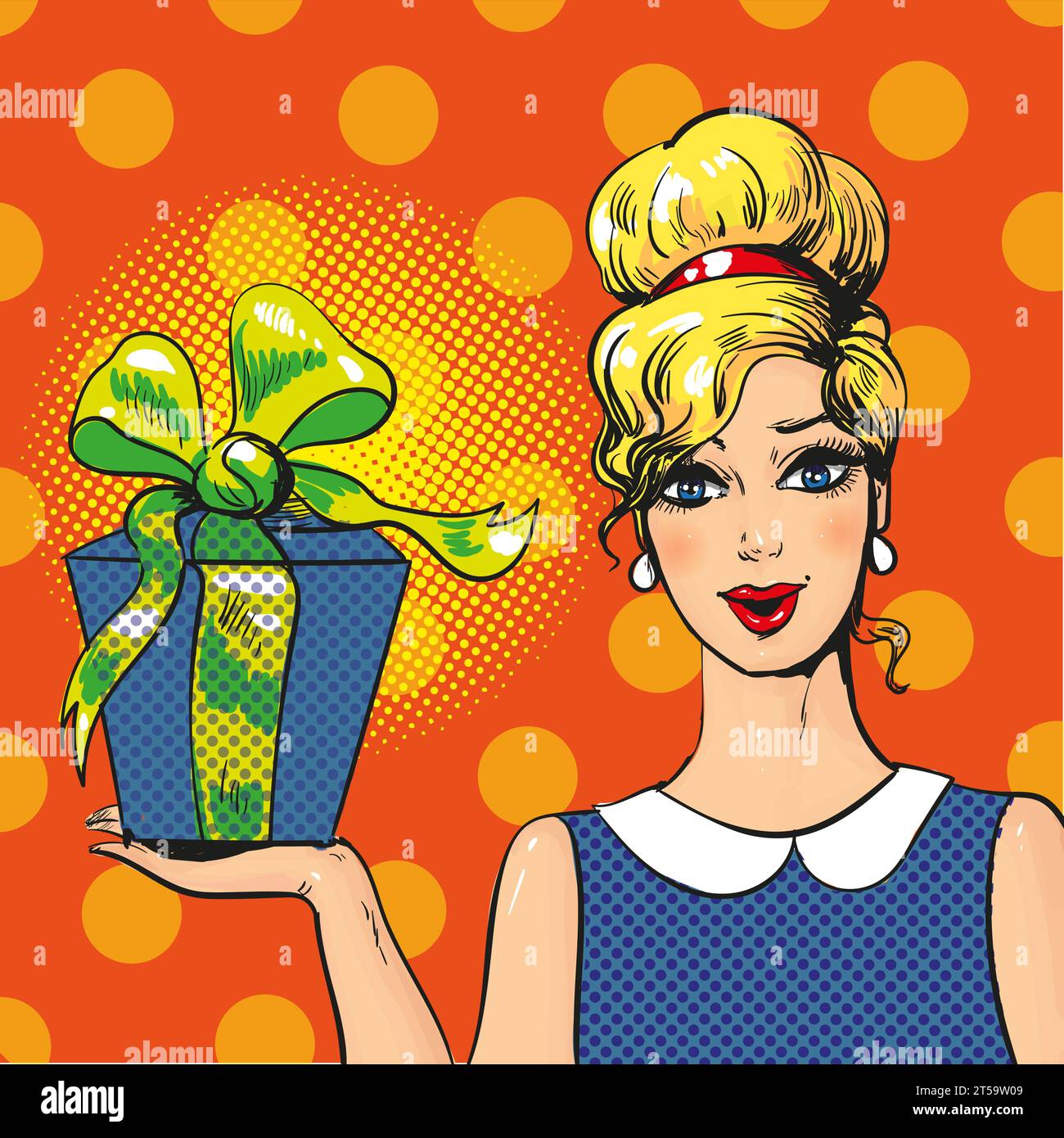 Vector illustration of beautiful blonde girl holding gift box. Pretty ...
