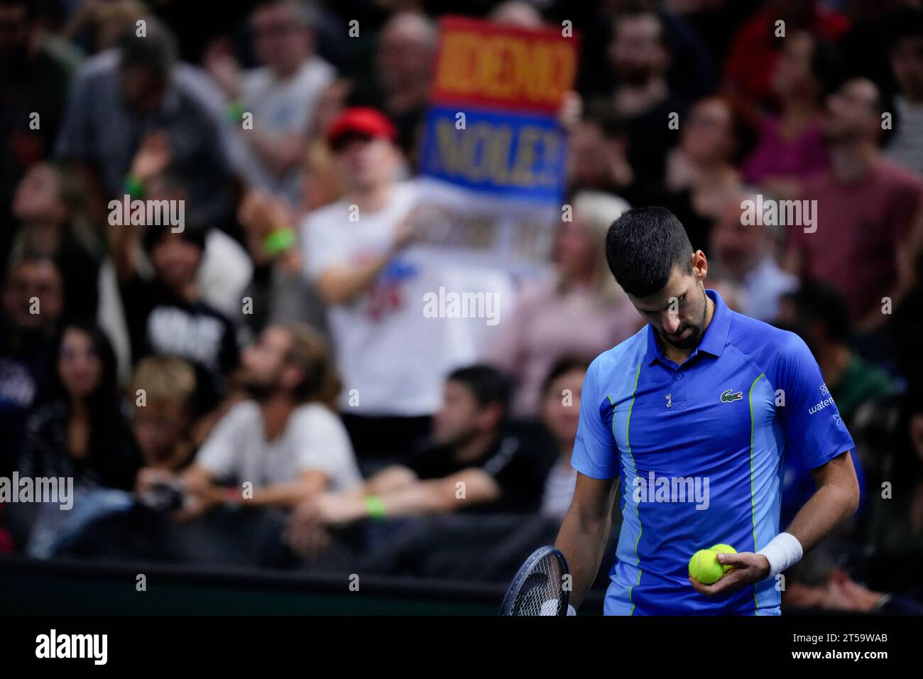 Paris, France. 3rd Nov, 2023. Novak Djokovic of Serbia reacts during the men's singles ...