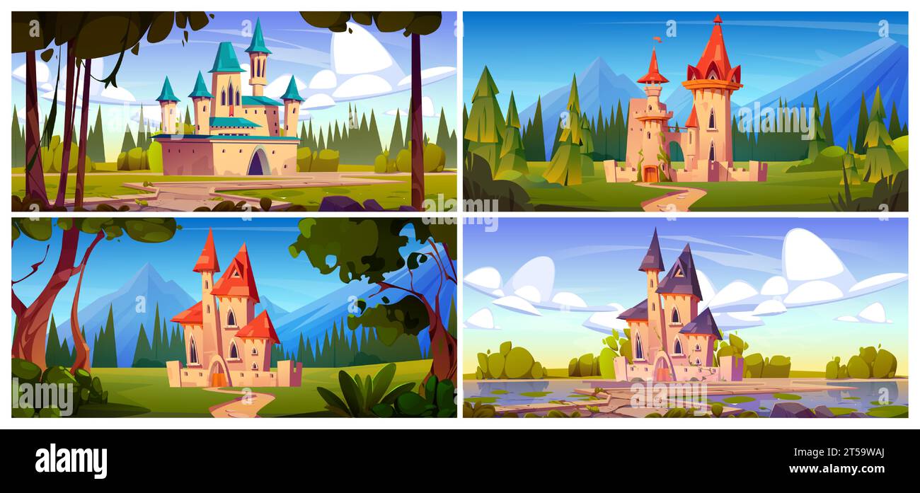 Fairy Tale Medieval Castle Cartoon Background Landscape Set Magic