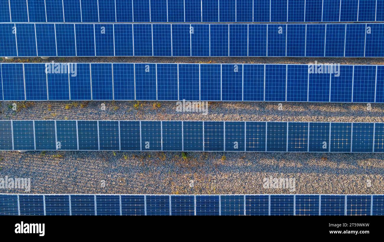 Rows of solar panels of different types of assembly. View from a drone ...