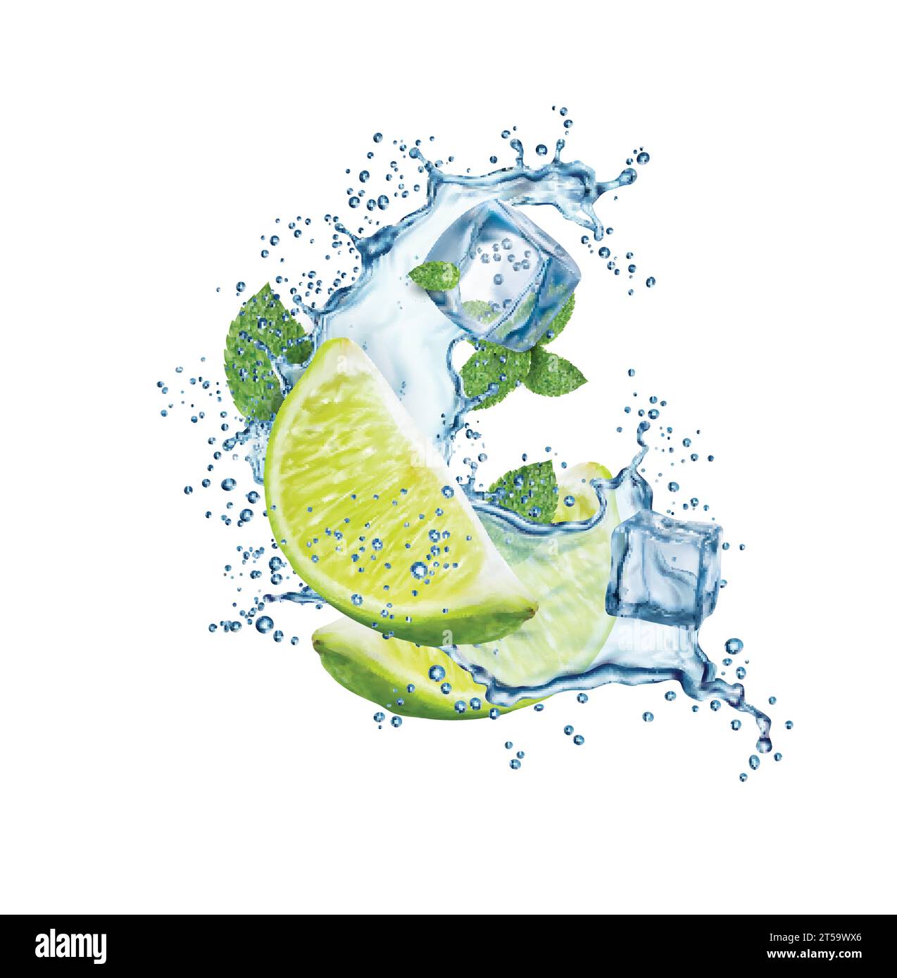 Realistic mojito drink with ice cubes, lime in water splash and mint leaves, vector background ...