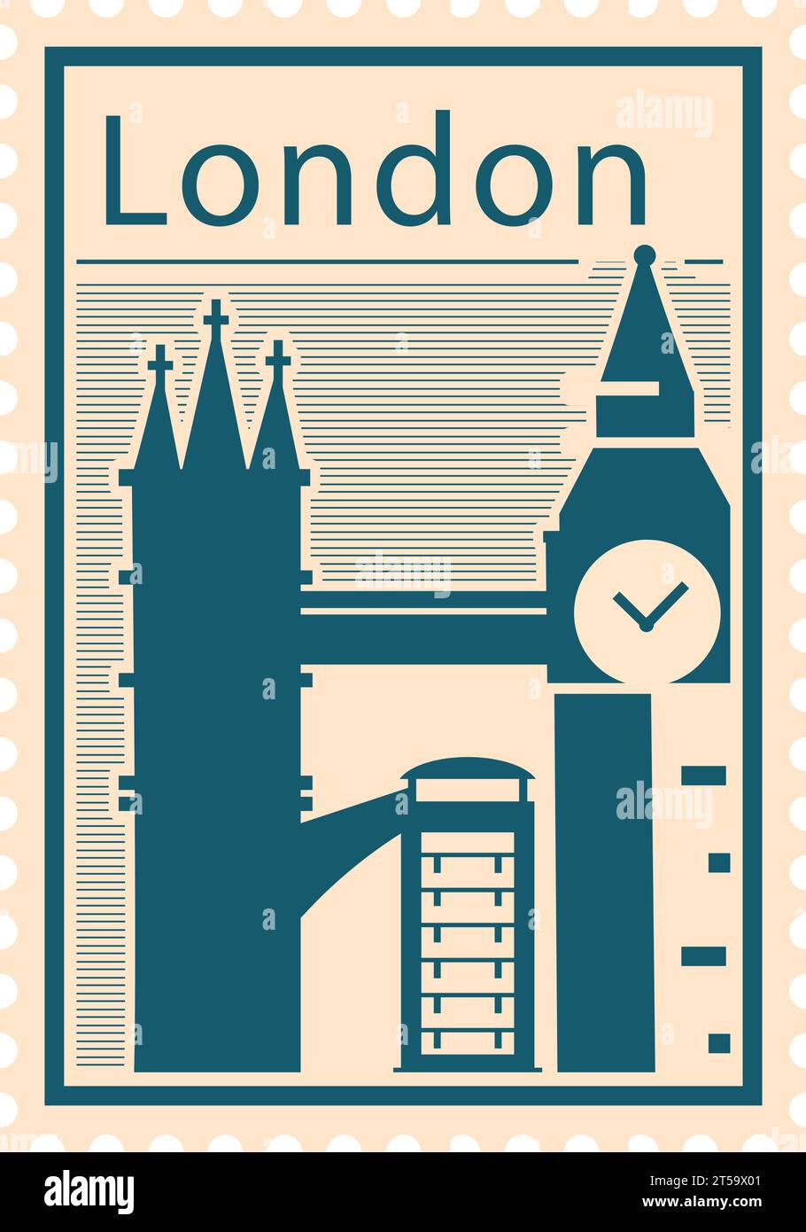 Postal stamp with TOWER BRIDGE and BIG BEN famous landmarks of LONDON ...