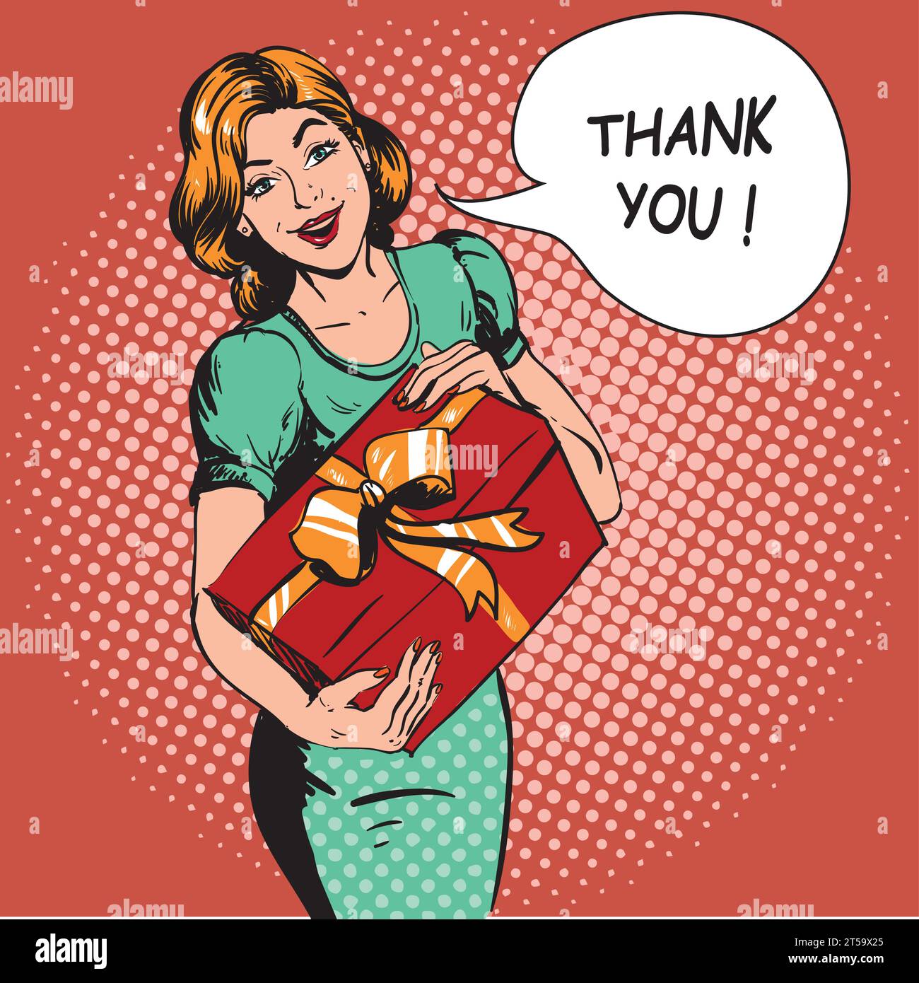 Woman hold gift box. Thank you speech bubble. Vector illustration in ...