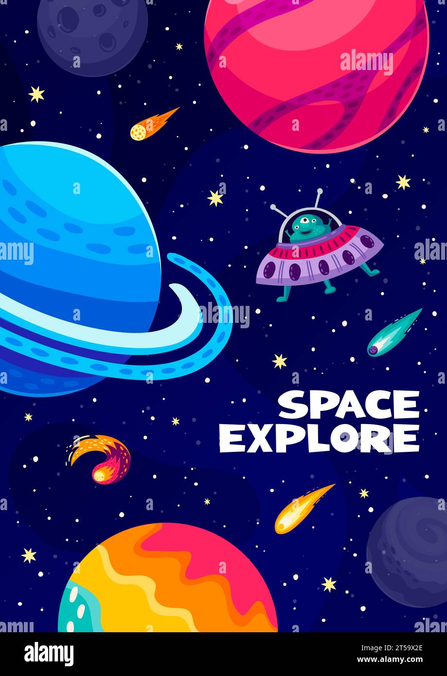 Cartoon space landscape poster with planets and alien UFO spaceship in ...