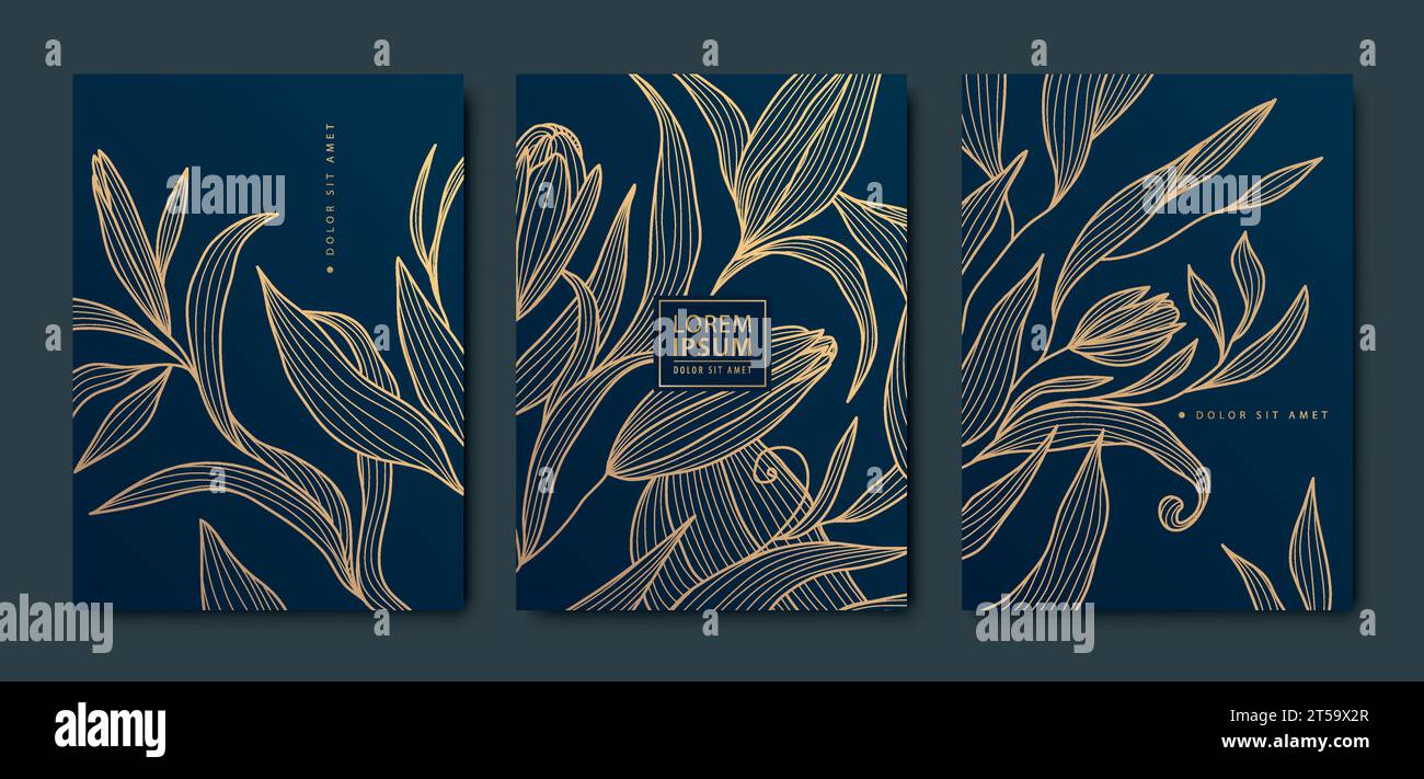 Vector art deco, luxury golden floral covers. Line japanese style ...