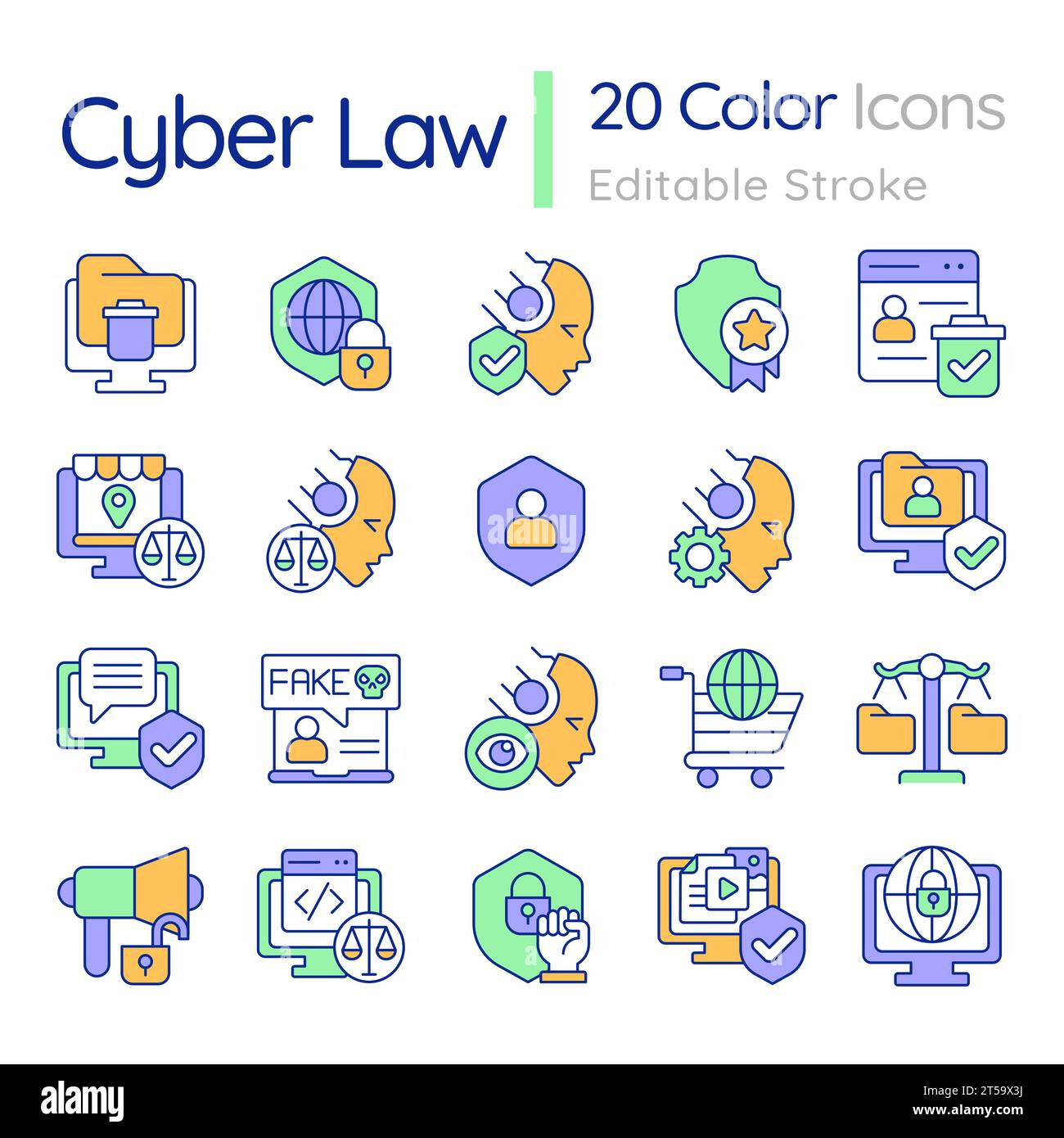 2D editable colorful big thin line icons set representing cyber law ... 2D editable colorful big thin line icons set representing cyber law ...