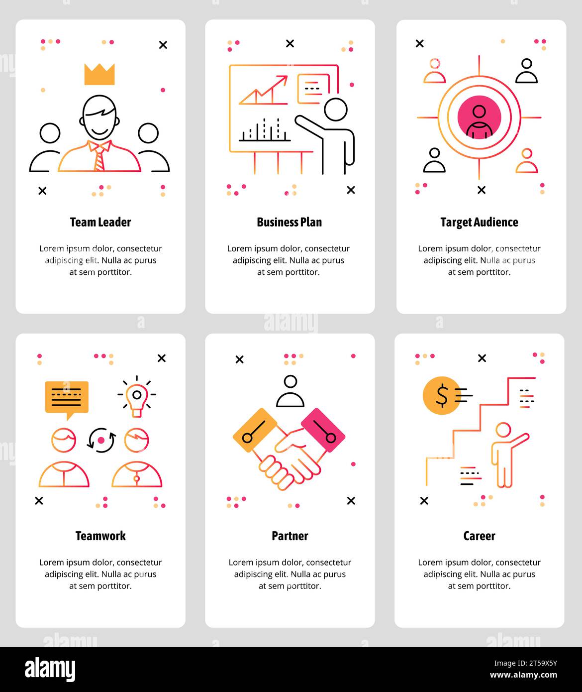Vector set of mobile app onboarding screens. Team Leader, Business Plan ...