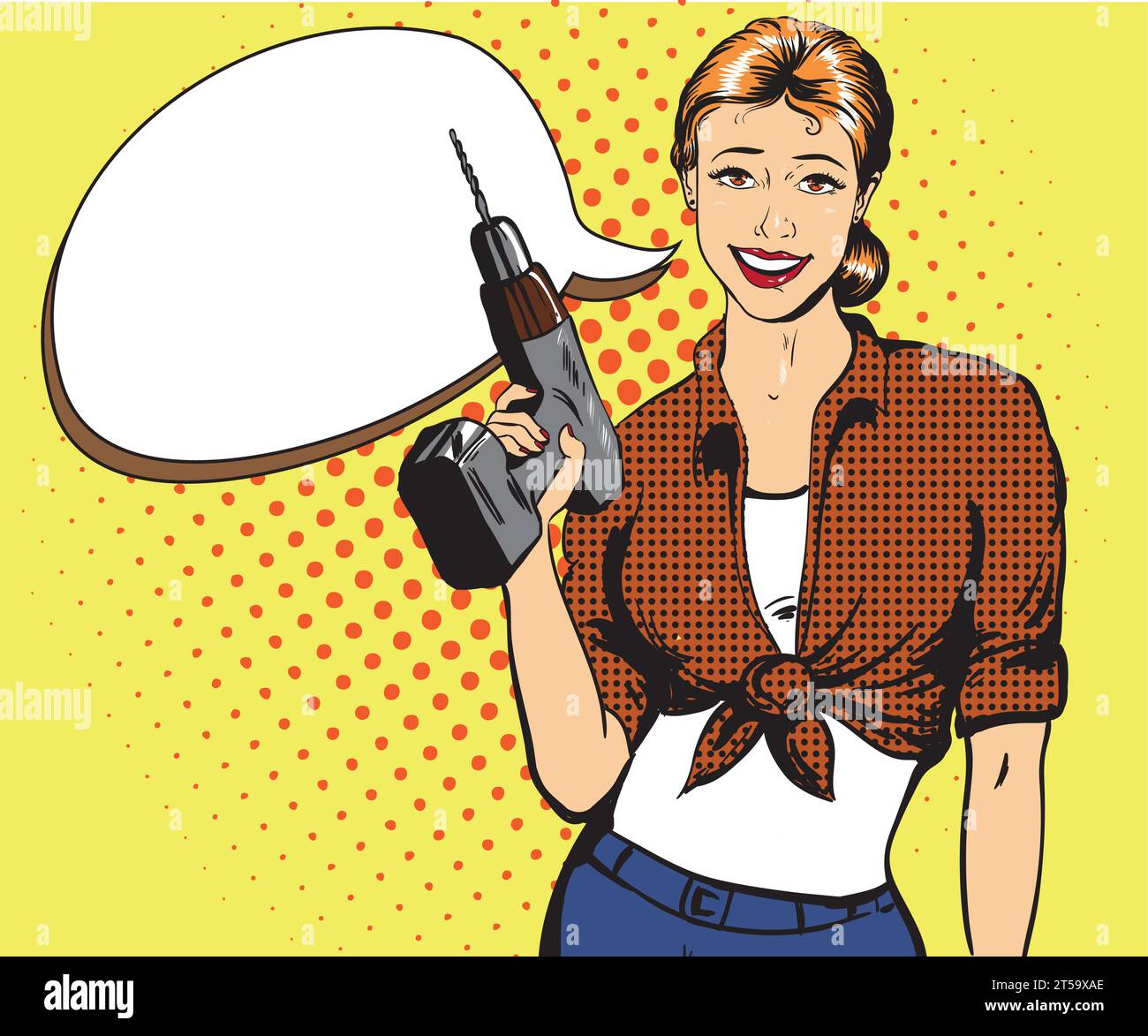 Woman with drill vector illustration in retro comic pop art style. Girl ...