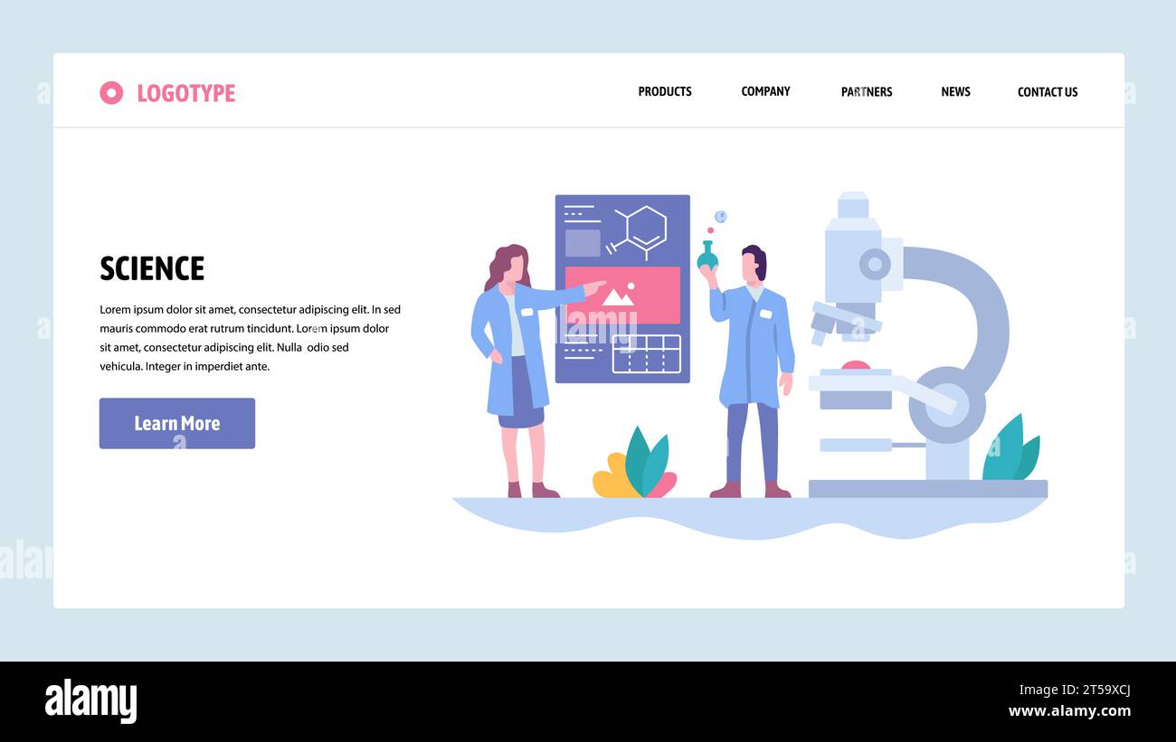 Vector web site gradient design template. Science experiment in a lab. Scientists, microscope ...
