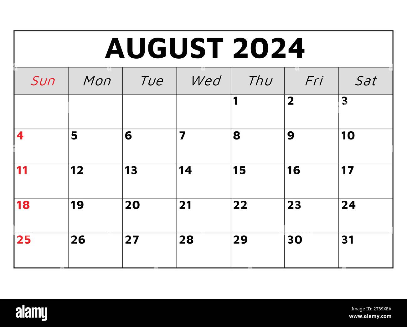 August 2024 calendar. Vector illustration. Monthly planning for your ...
