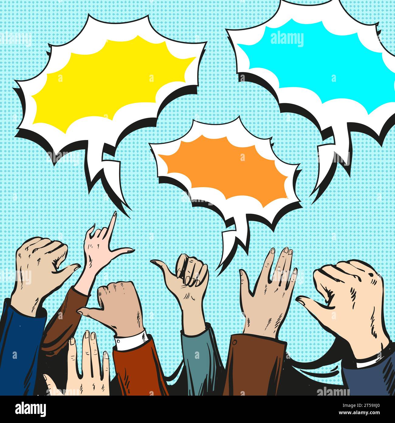 Vector vintage pop art comic hand sign set. Ok sign, thumb up, thumb ...