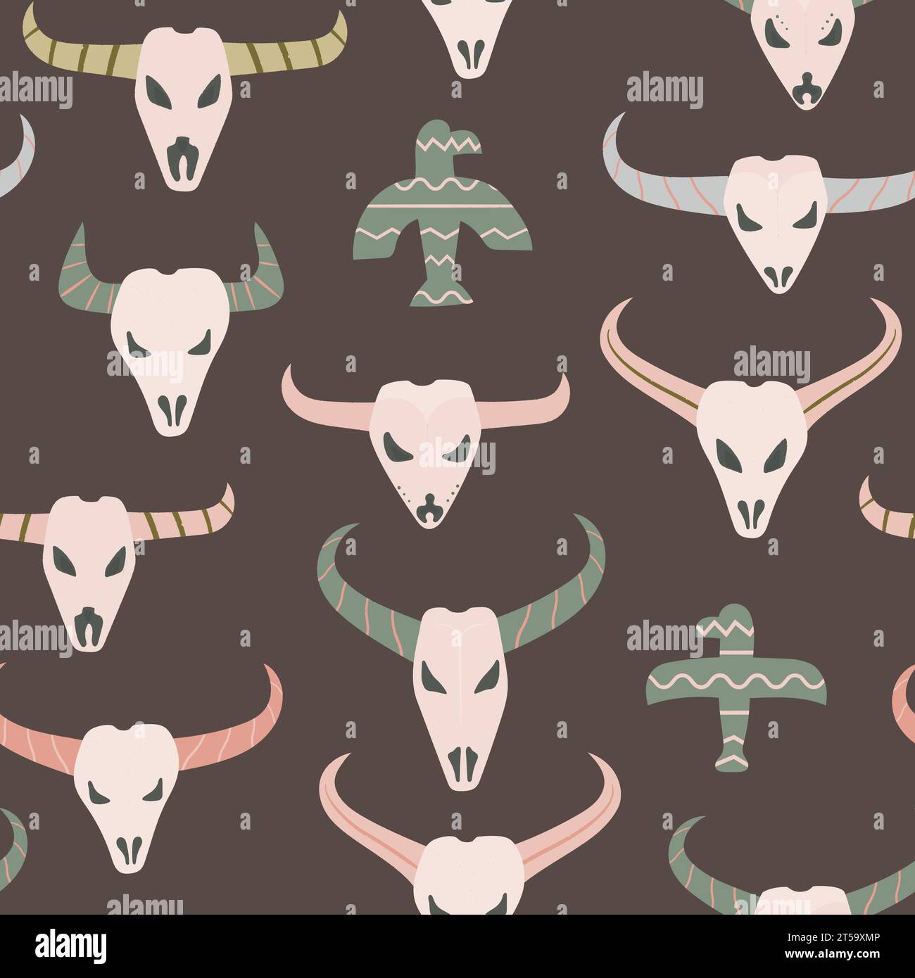 Western cow, bull skulls, eagles seamless vector pattern. Wild west ...