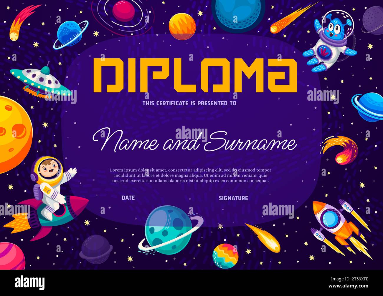 Kids diploma, cartoon astronaut and alien characters with spaceship ...