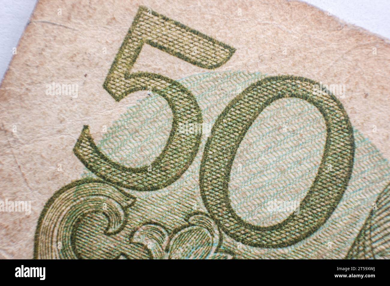 extreme close up of an old paper currency note from Costa Rica, the 50 ...