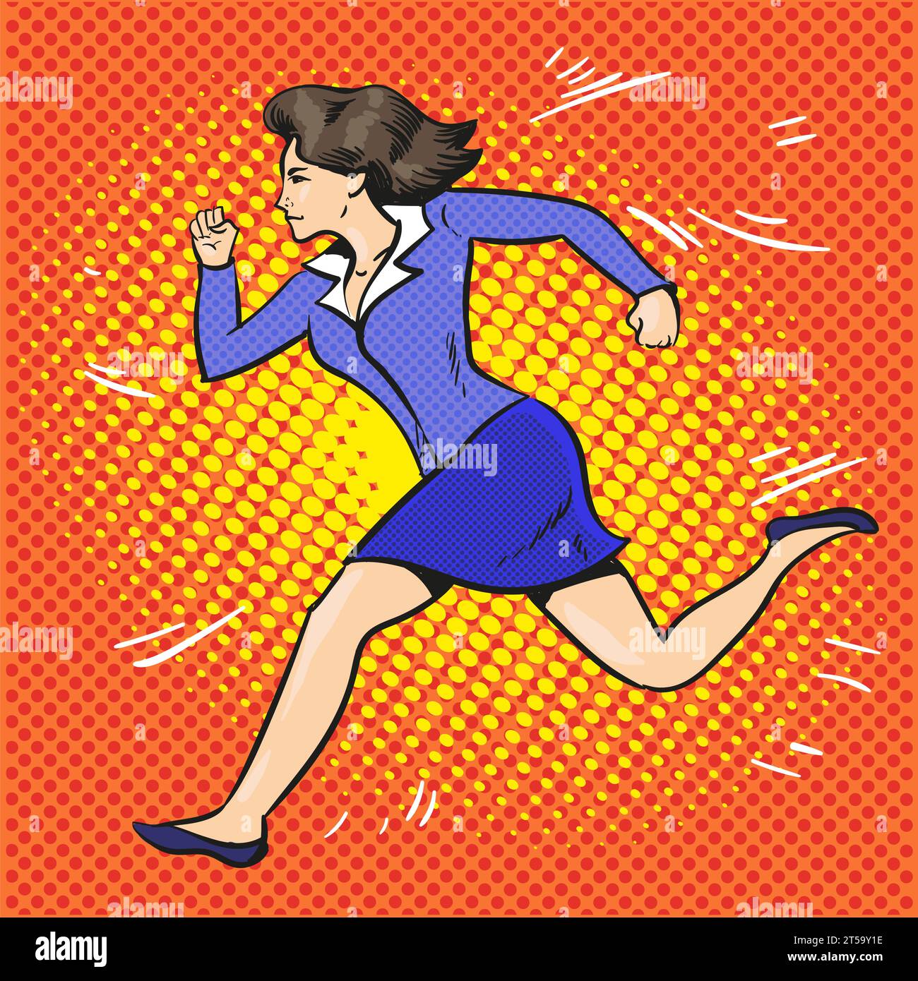 Vector illustration of running businesswoman in retro pop art comic ...